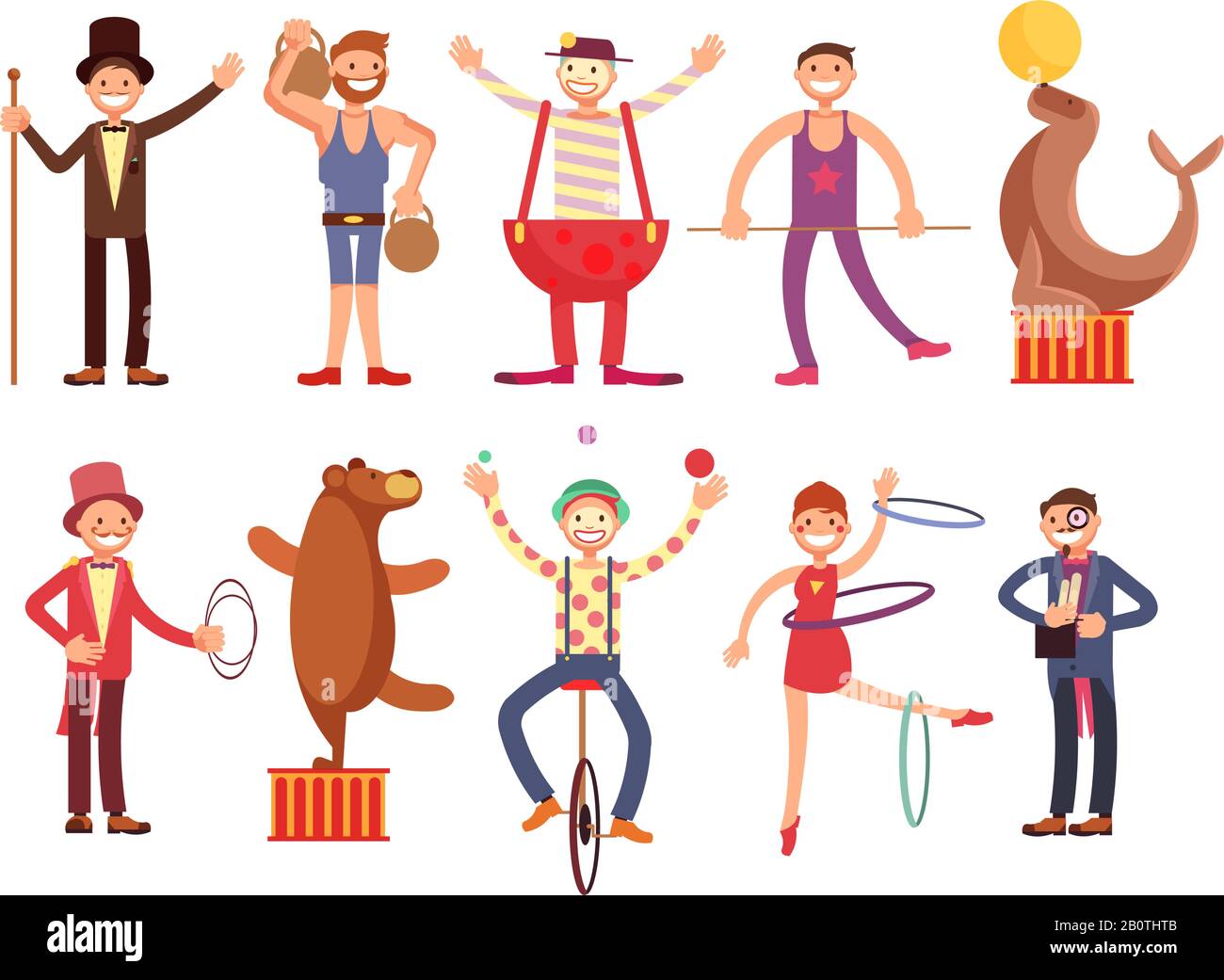 Circus Artists Cartoon Characters Vector Set. Akrobat und Strongman, Magier, Clown, ausgebildete ...