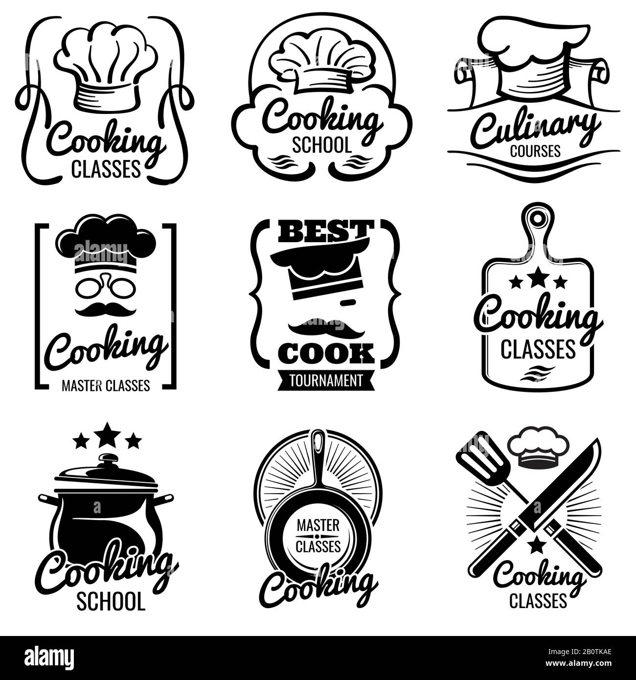 Vintage Cooking in Küchenklassen Vektor-Silhouette-Etiketten. Embleme ...