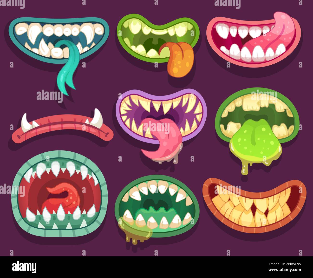 Monster murren. Halloween gruselige Monsterzähne und Zunge im Mund ...