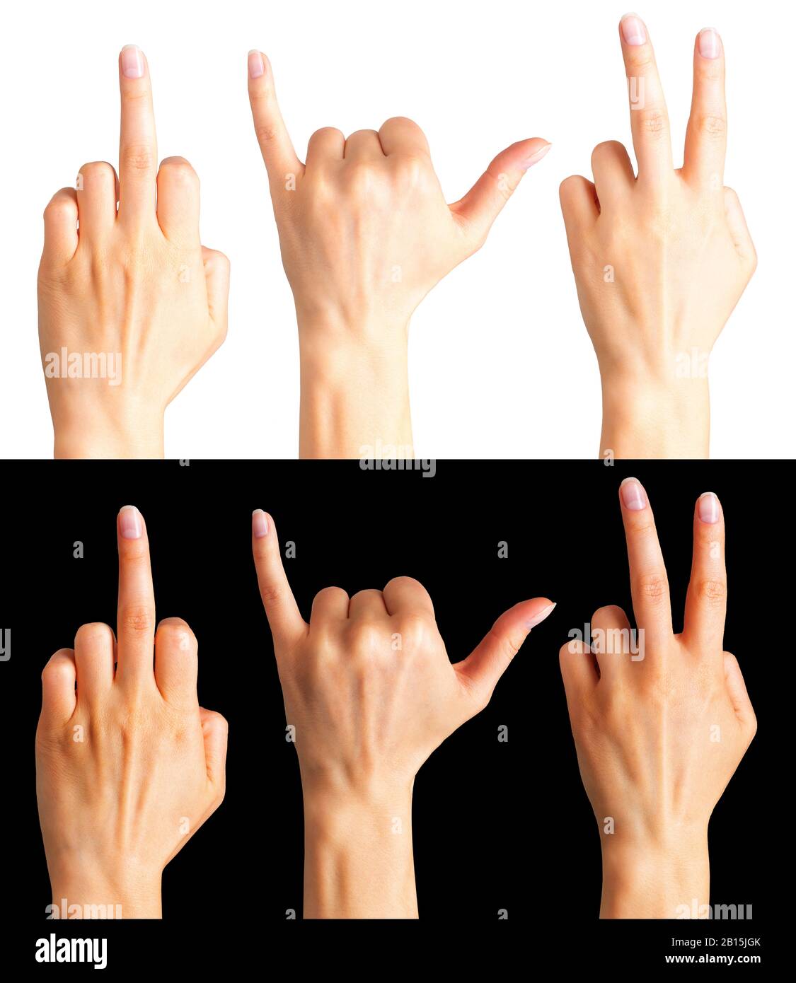 Weibliche Hände mit Mittelfinger, Shaka- oder Surferzeichen und ...