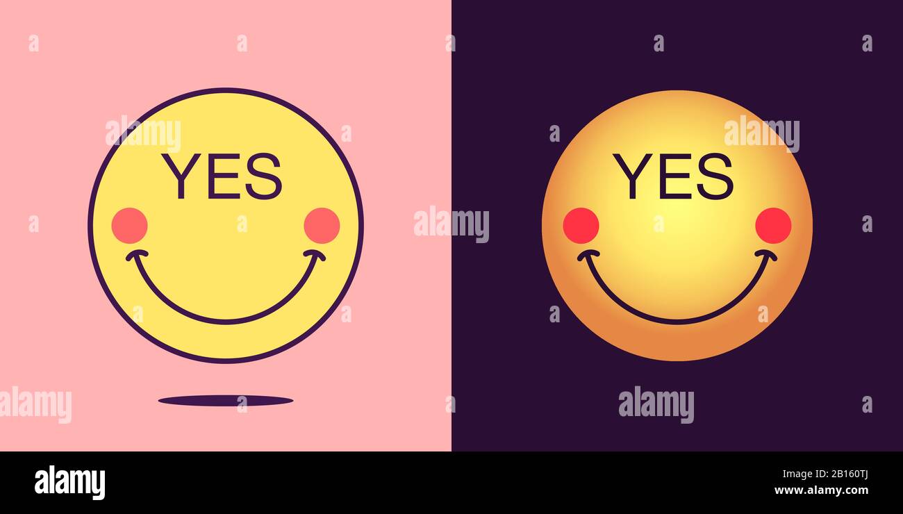 Emoji-Gesichtssymbol mit dem Ausdruck Ja. Emoticon mit Text Ja. Satz ...
