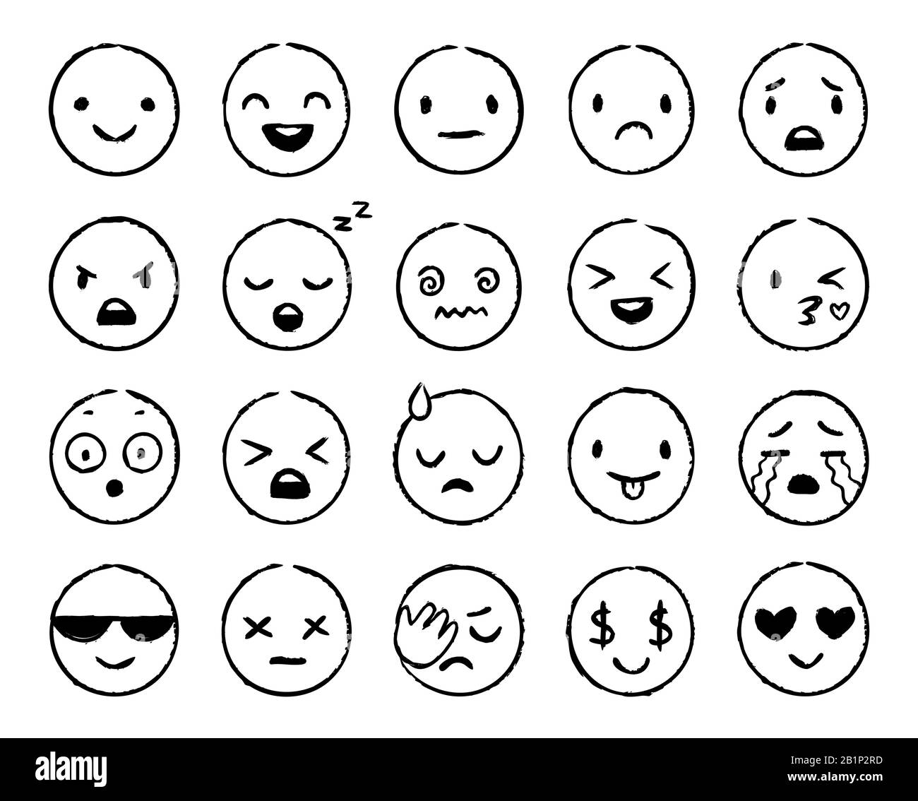 Hand gezeichnetes Emoji. Doodle Emoticons, Smile Face Sketch und Grunge ...