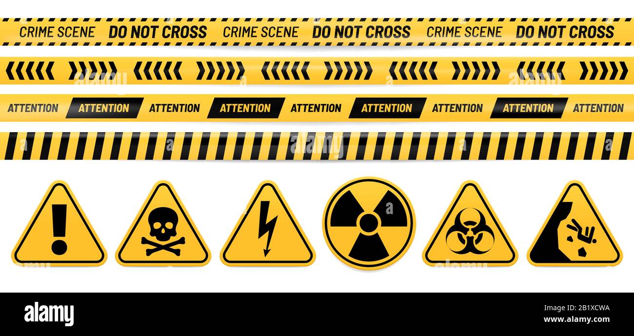 Gefahrenband und Schild. Achtung, Gift, Hochspannung, Strahlung ...