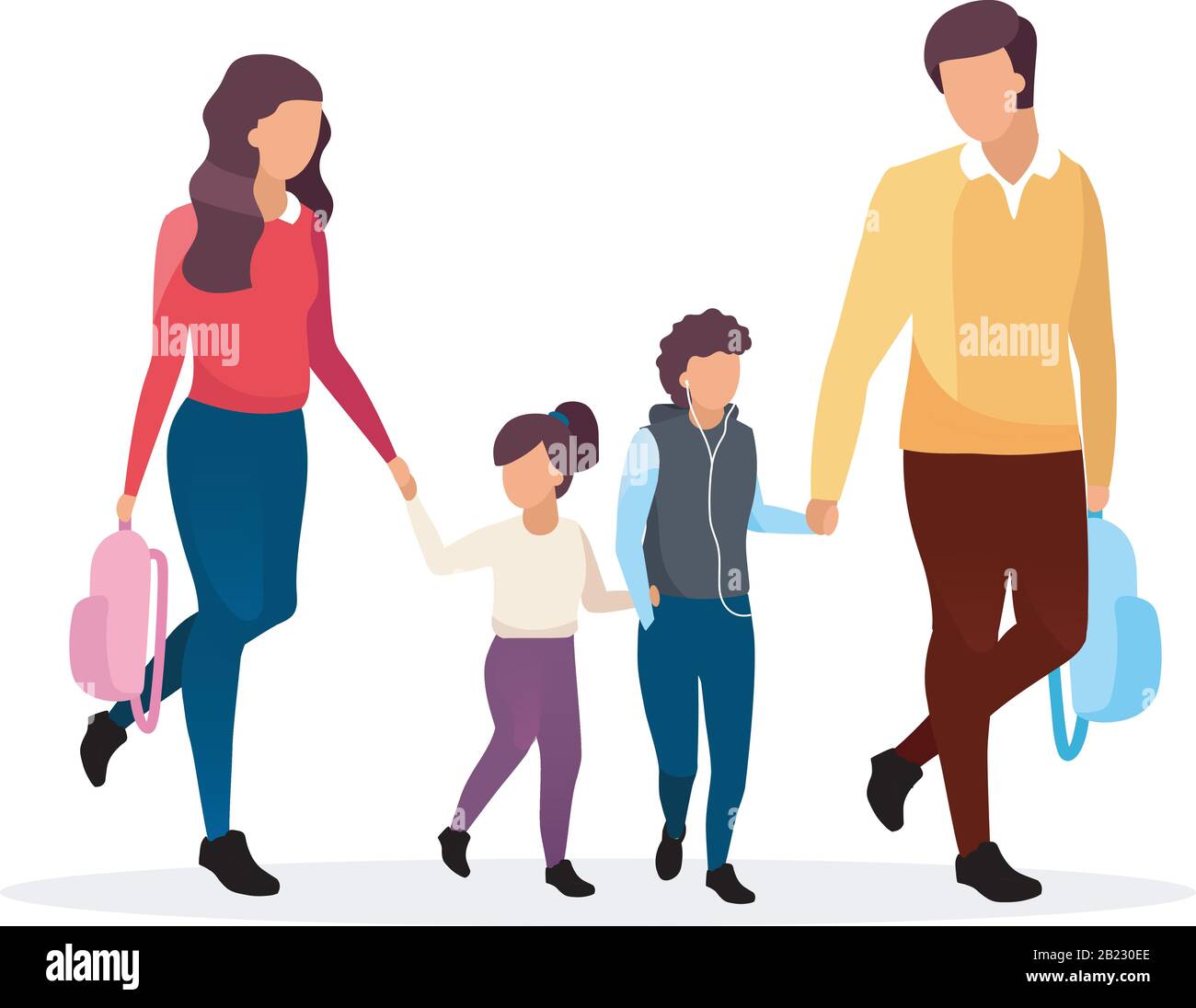 Junge Eltern mit Schulkindern flache Vektorgrafiken. Familie, die ...