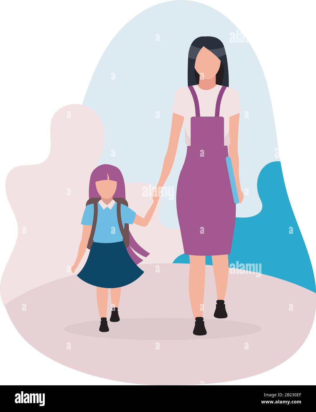 Mutter mit Tochter, die zur Schule geht, flache Vektorgrafiken. Ältere und jüngere Schwestern ...