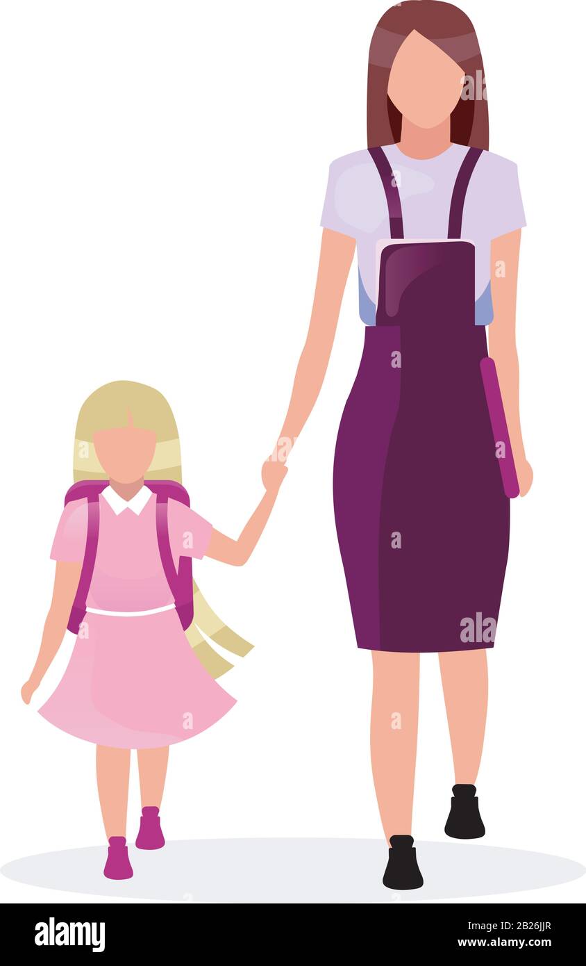 Mutter mit Tochter, die zur Schule geht, flache Vektorgrafiken. Ältere und jüngere Schwestern ...