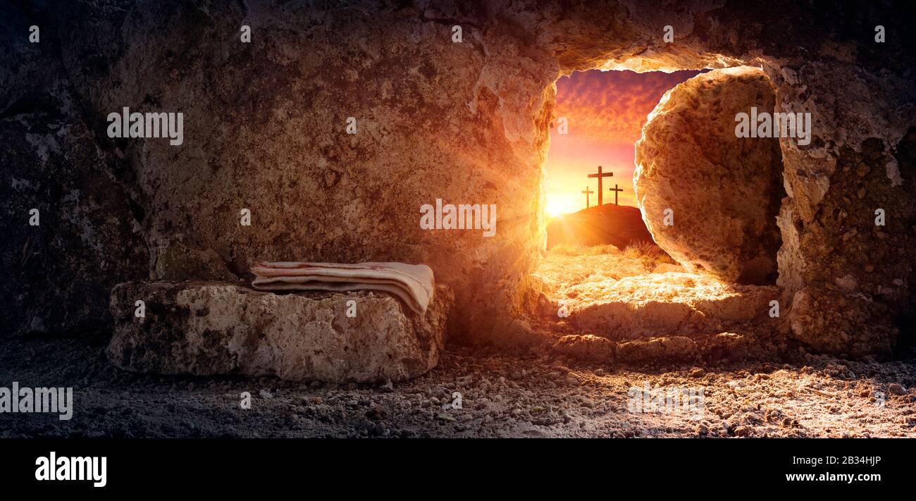 Grab Leer Mit Grabtuch Und Kreuzigung Bei Sonnenaufgang Auferstehung Von Jesus Christus ...