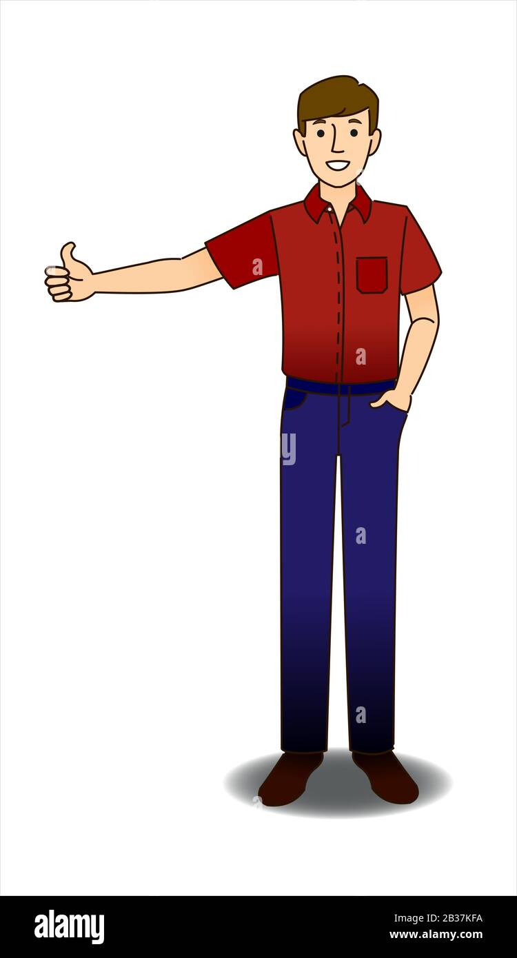 Der junge Mann in Hemd und Hose zeigt Daumen hoch, steht und lächelt ...
