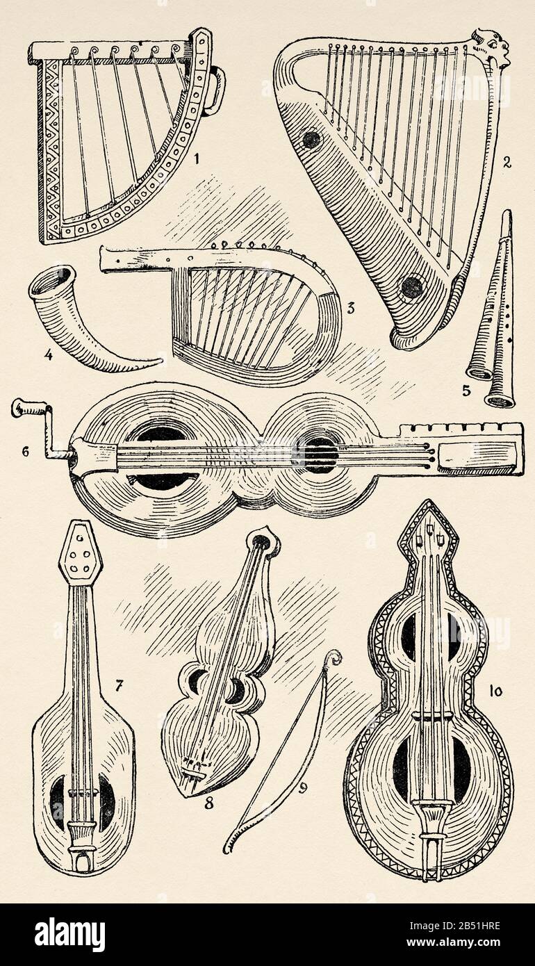 Mittelalter. Musikinstrumente. Harfen, Horn, Doppelflöte, Bagpipe ...