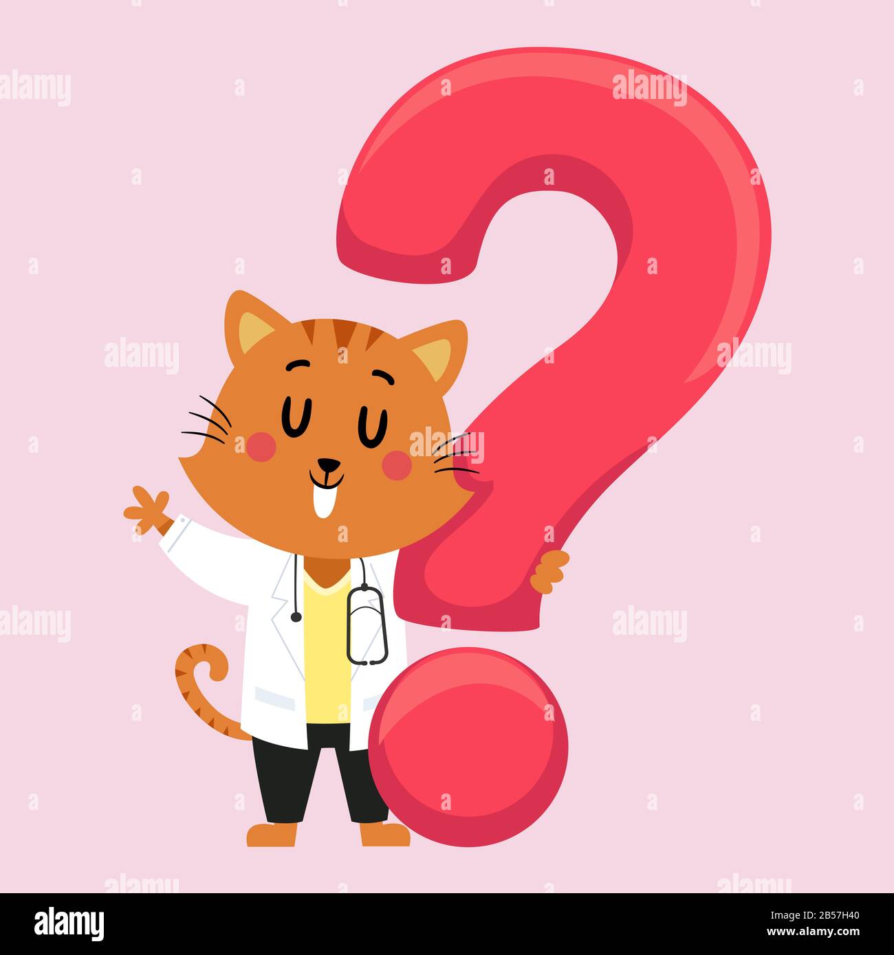 Abbildung: Tierarzt Katzen-Maskottchen Winkt und hält ein Fragezeichen ...