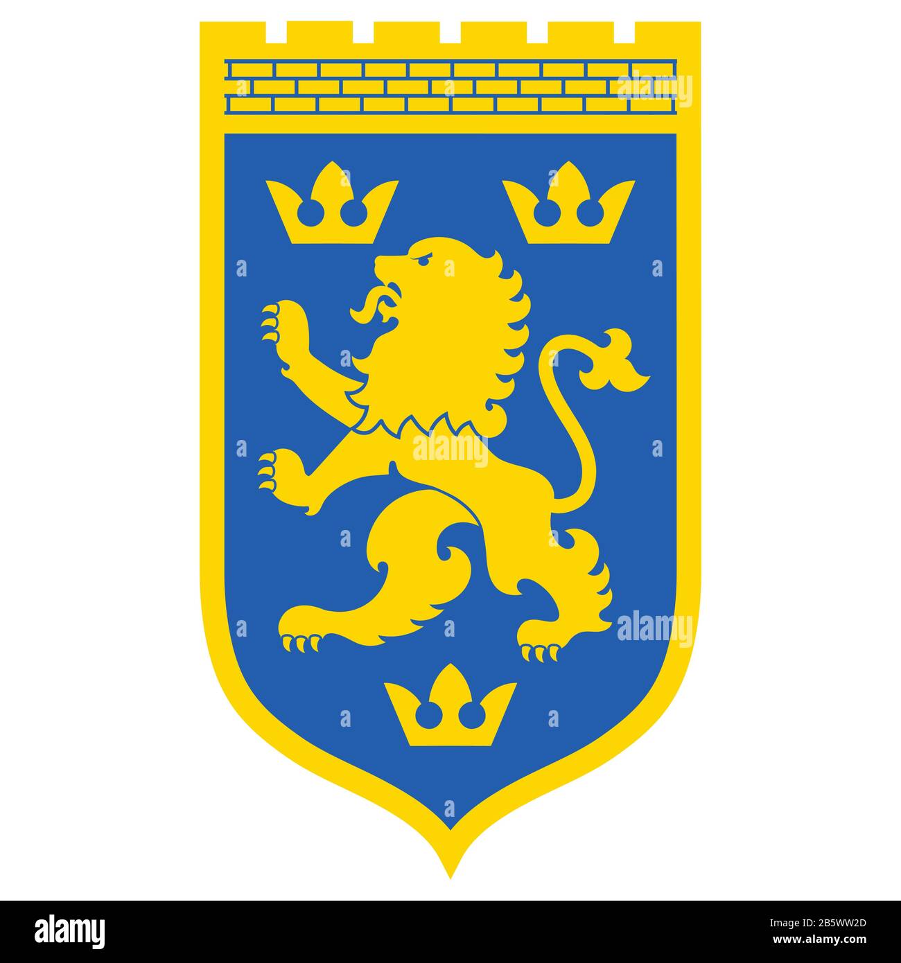 Heraldisches Wappen. Heraldischer Löwe und drei Kronen auf dem ...
