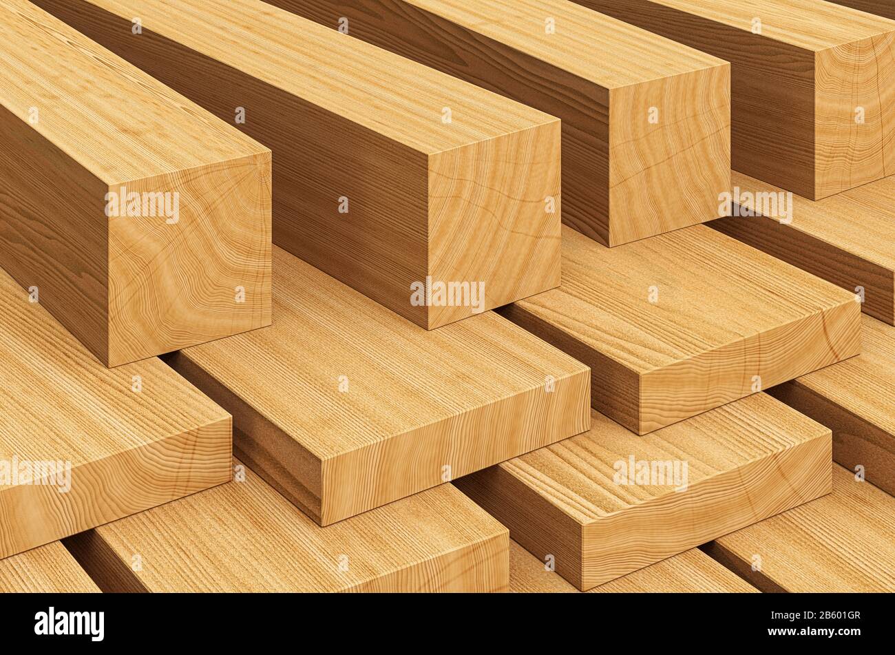 Holzbohlen und Holzbalken, 3D-Rendering isoliert auf weißem Hintergrund ...