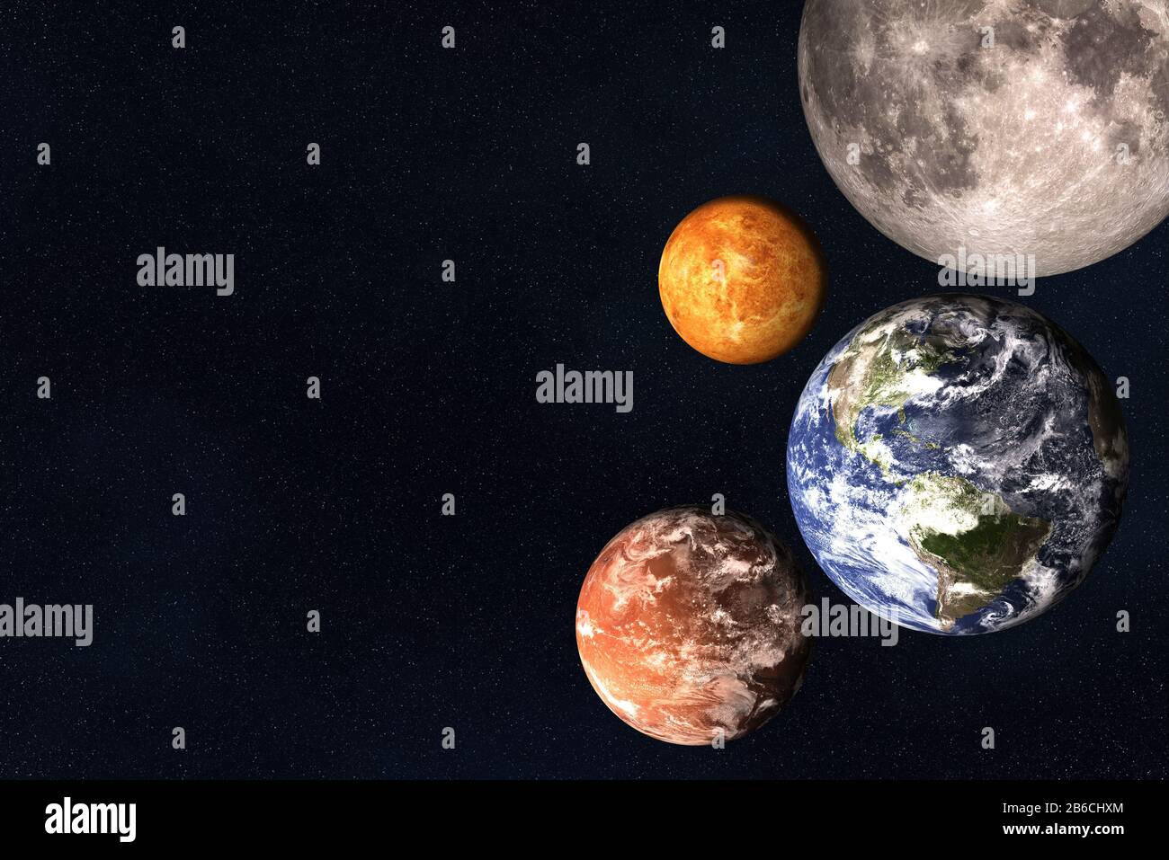 Planeten des Sonnensystems zusammen im Weltraum. Erde, Mars, Venus ...