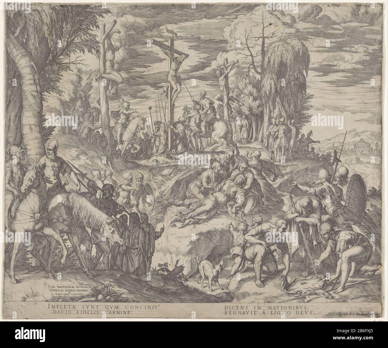 Calvarieberg Blick auf den Kalvarienberg (Golgotha) mit drei Kreuzen. Christus hängt am ...