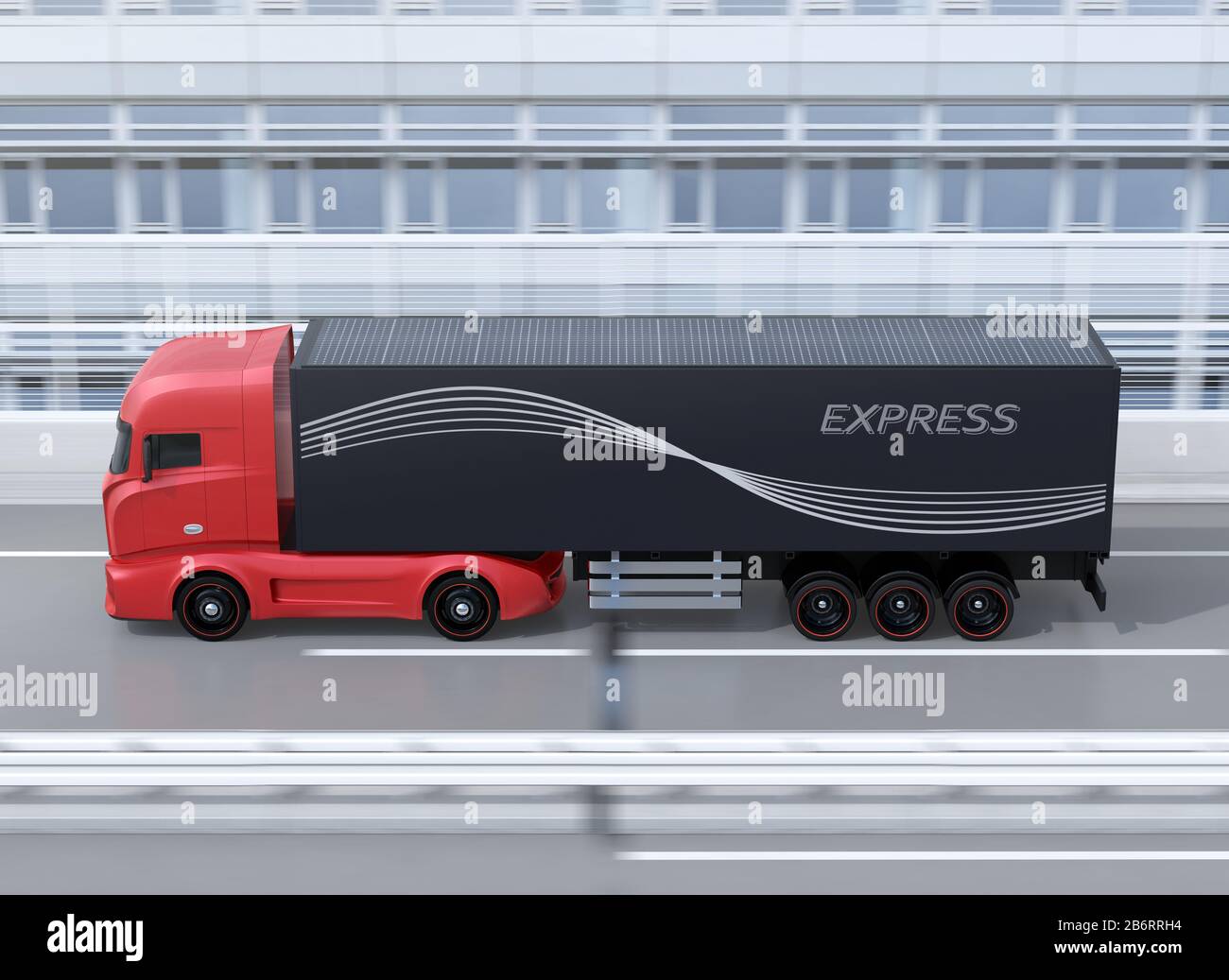 Generisches Design roter Schwerer Elektro-Lkw, der auf der Autobahn ...