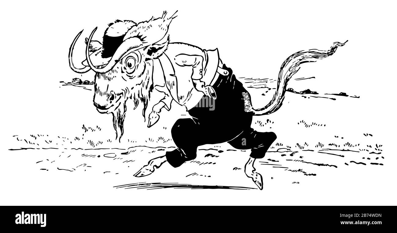 GNU, dieses Bild zeigt ein Tier, das gekleidet und zu Fuß ist, Vintage ...