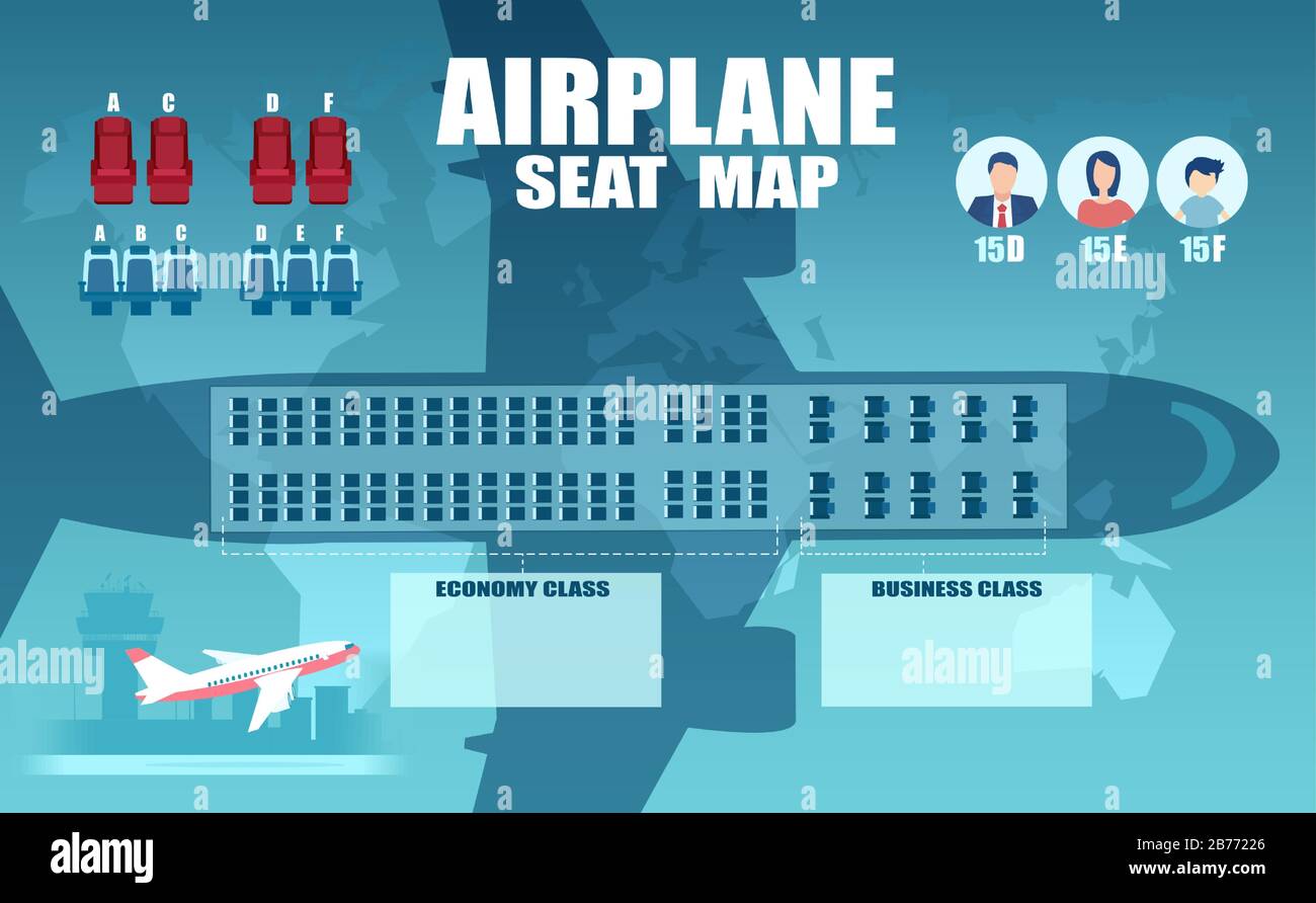 Vektor einer Flugzeugsitztabelle, Sitzplan für Passagiere mit ...