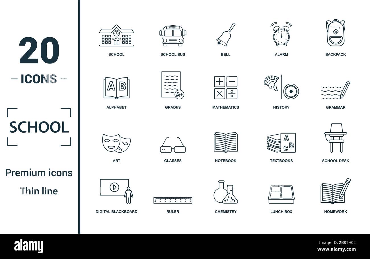 Schule Icon Set. Kreative Elemente der Schule, Bell, Alphabet, Geschichte, Kunst, Symbole. Kann ...