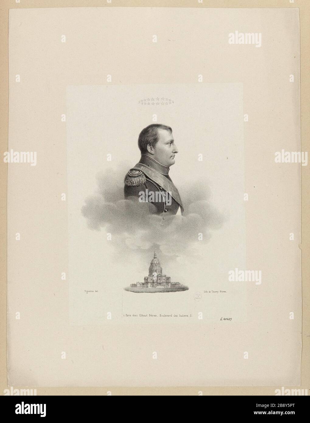Das Porträt von Napoleon, das nach rechts blickt und aus einer Wolke ...