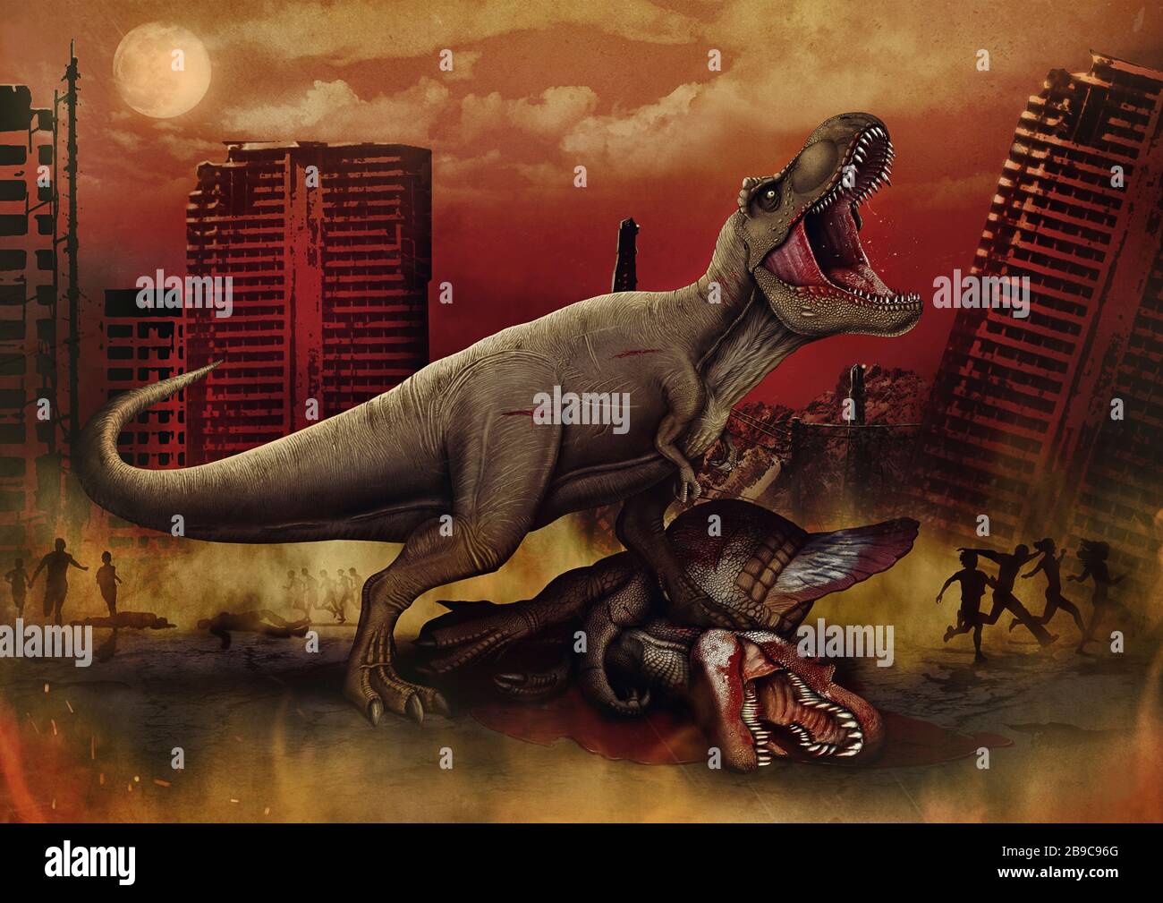 Artwork of a tyrannosaurus rex hunting -Fotos und -Bildmaterial in ...