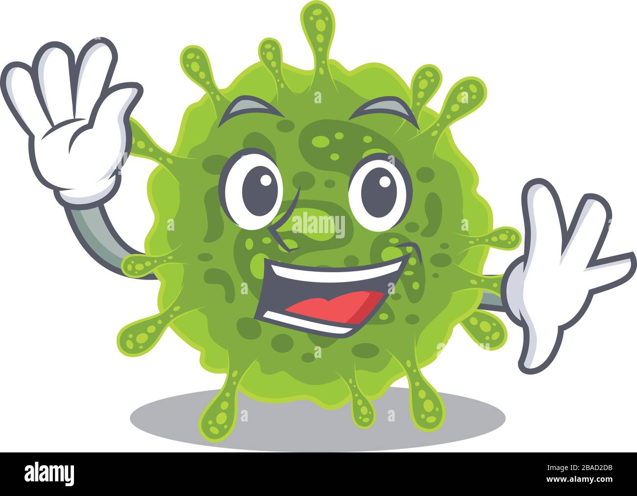 Smiley Coronavirus Cartoon Maskottchen Design mit winkender Hand Stock ...