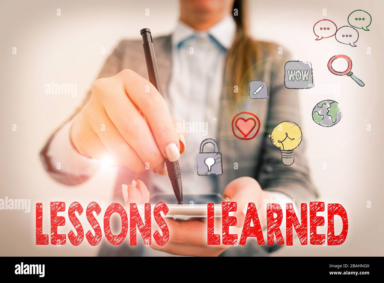 Textzeichen mit den Lektionen, die Sie gelernt haben. Firmenfototext ...