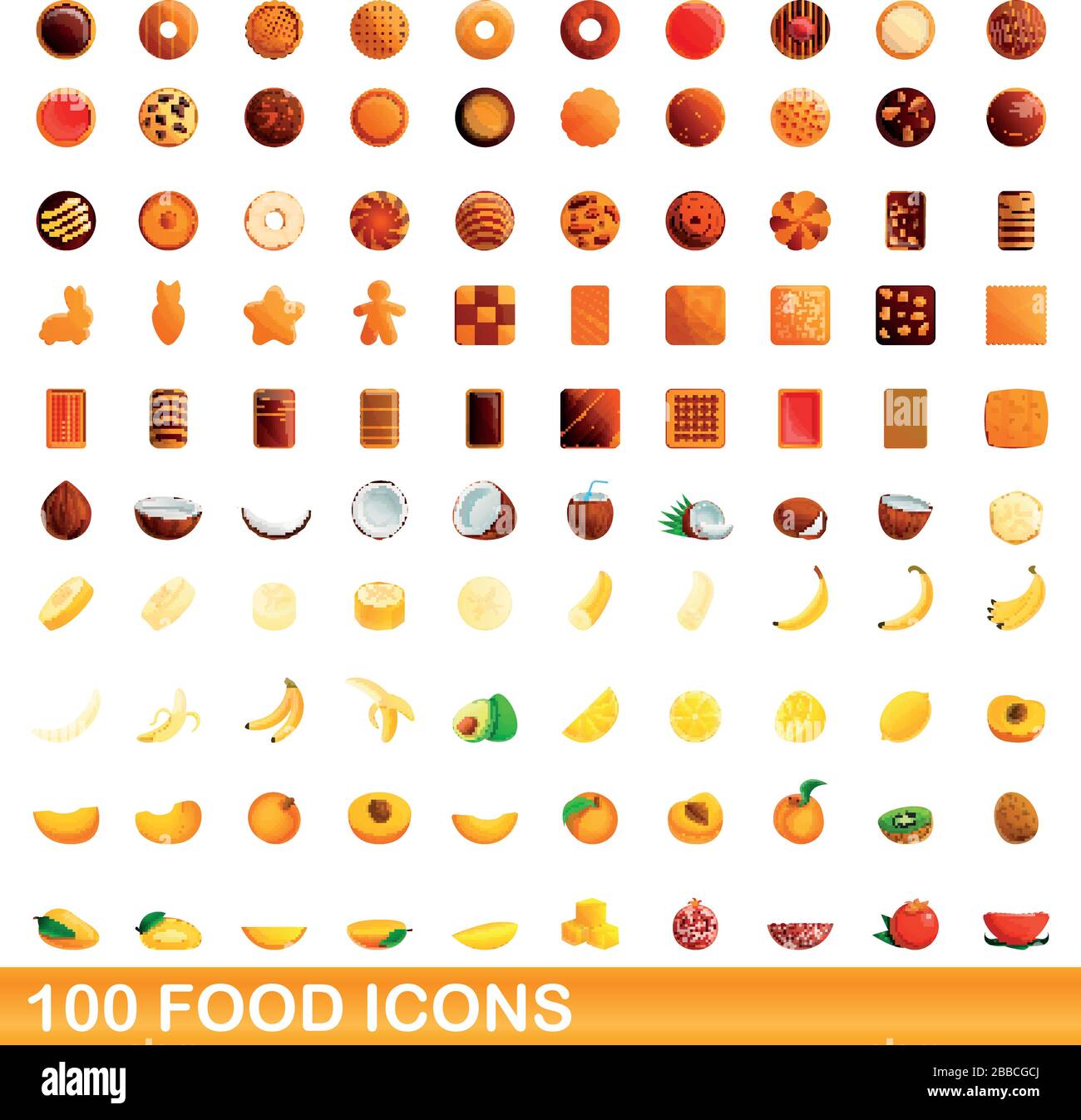 100 Essen Symbole gesetzt. Cartoon Illustration von 100 Essen Symbole ...