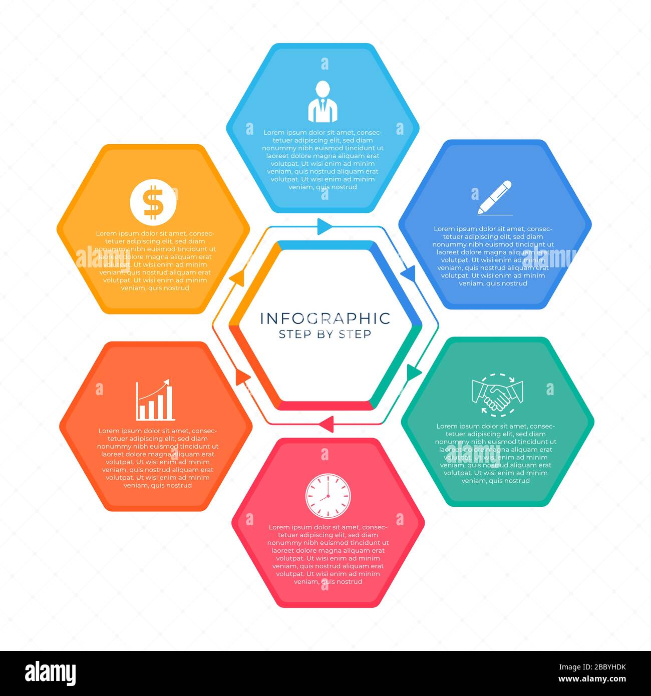 Infografik mit geometrischem Sechseck und farbenfrohem Symbol für ...