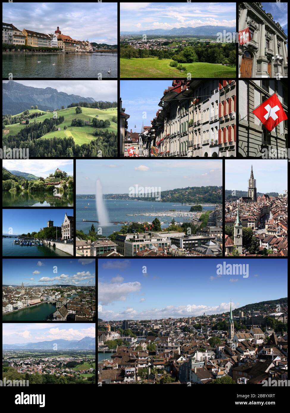 Reise-Collage aus der Schweiz. Collage umfasst berühmte Orte wie Bern ...