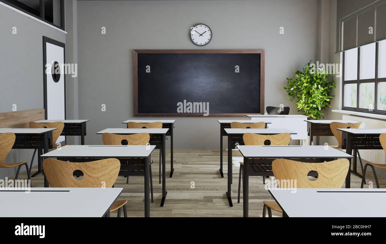 Design im Klassenzimmer mit modernen Schreibtischen, Sitzplätzen, Tafel ...