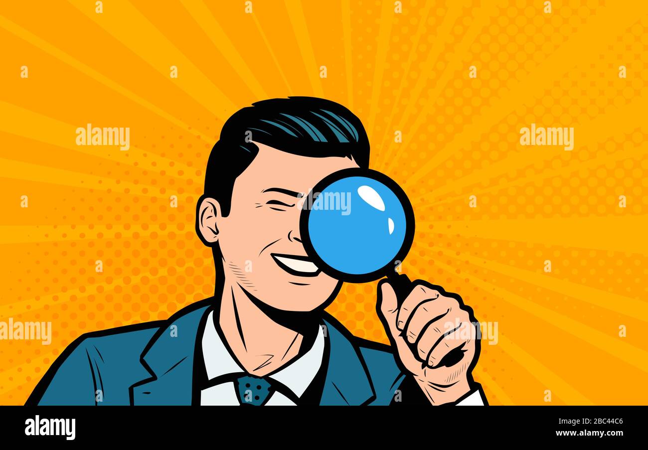 Geschäftsmann, der durch die Lupe schaut. Vektorgrafiken aus retro ...