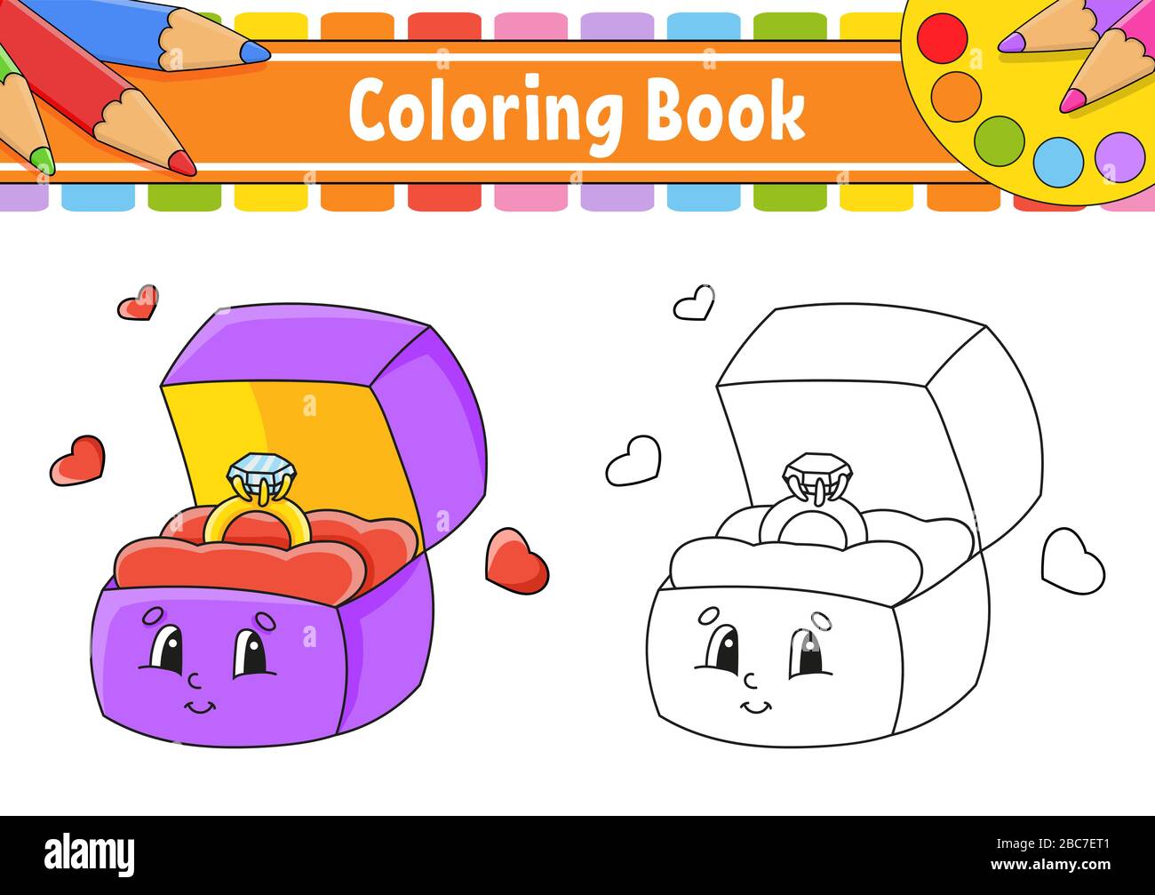 Malbuch für Kinder. Kasten mit goldenem Ring öffnen. Cartoon-Charakter ...