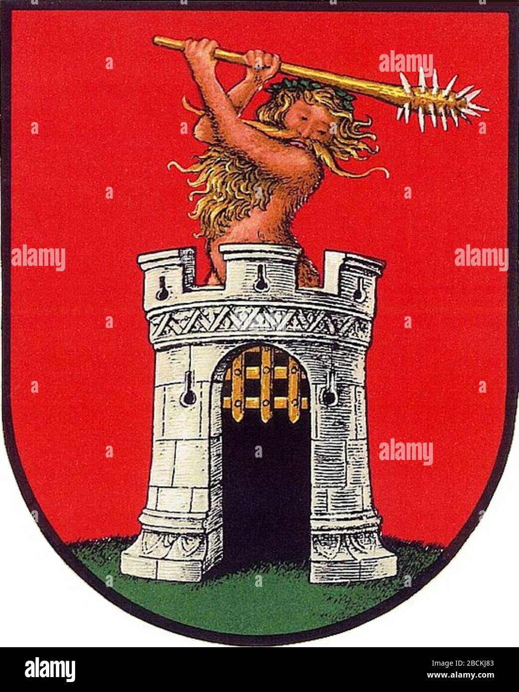 '"das Wappen zeigt in einem Bild auf einer grünen Wiese einen Turm. Der ...