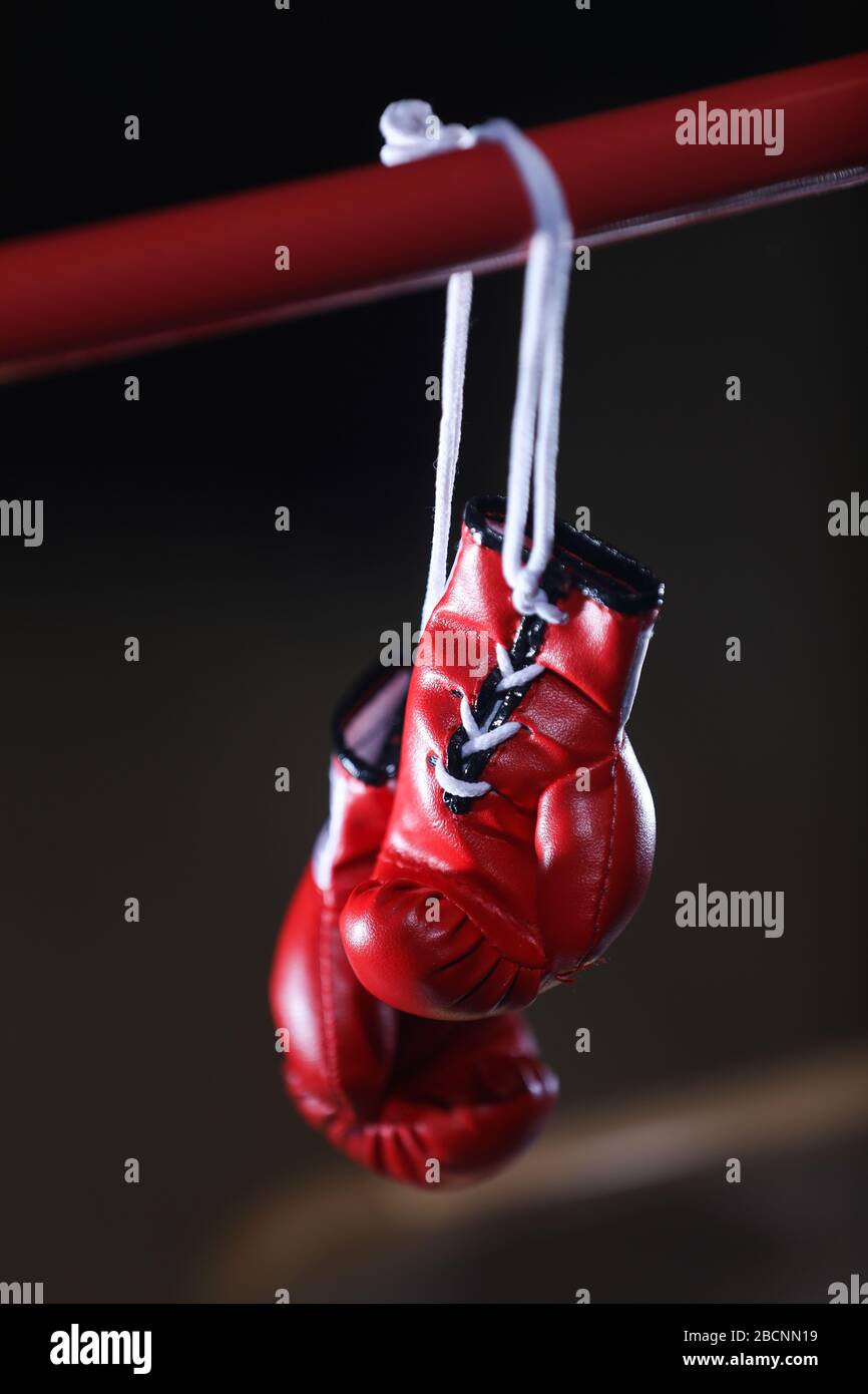 Rote Boxhandschuhe auf einem Ring. Boxen und Kickboxen Wettbewerb ...