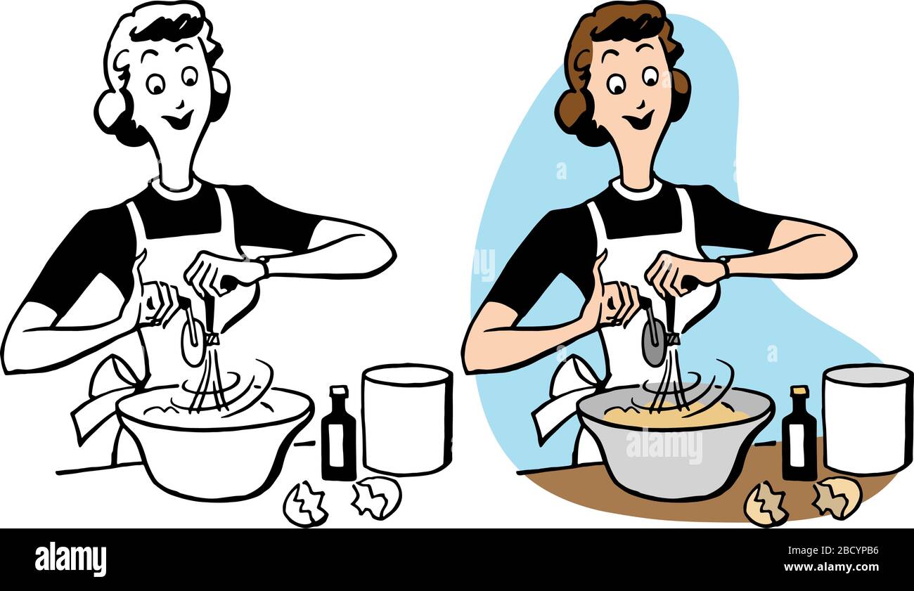Ein Cartoon einer Frau, die beim Backen in ihrer Küche Eier schlägt ...