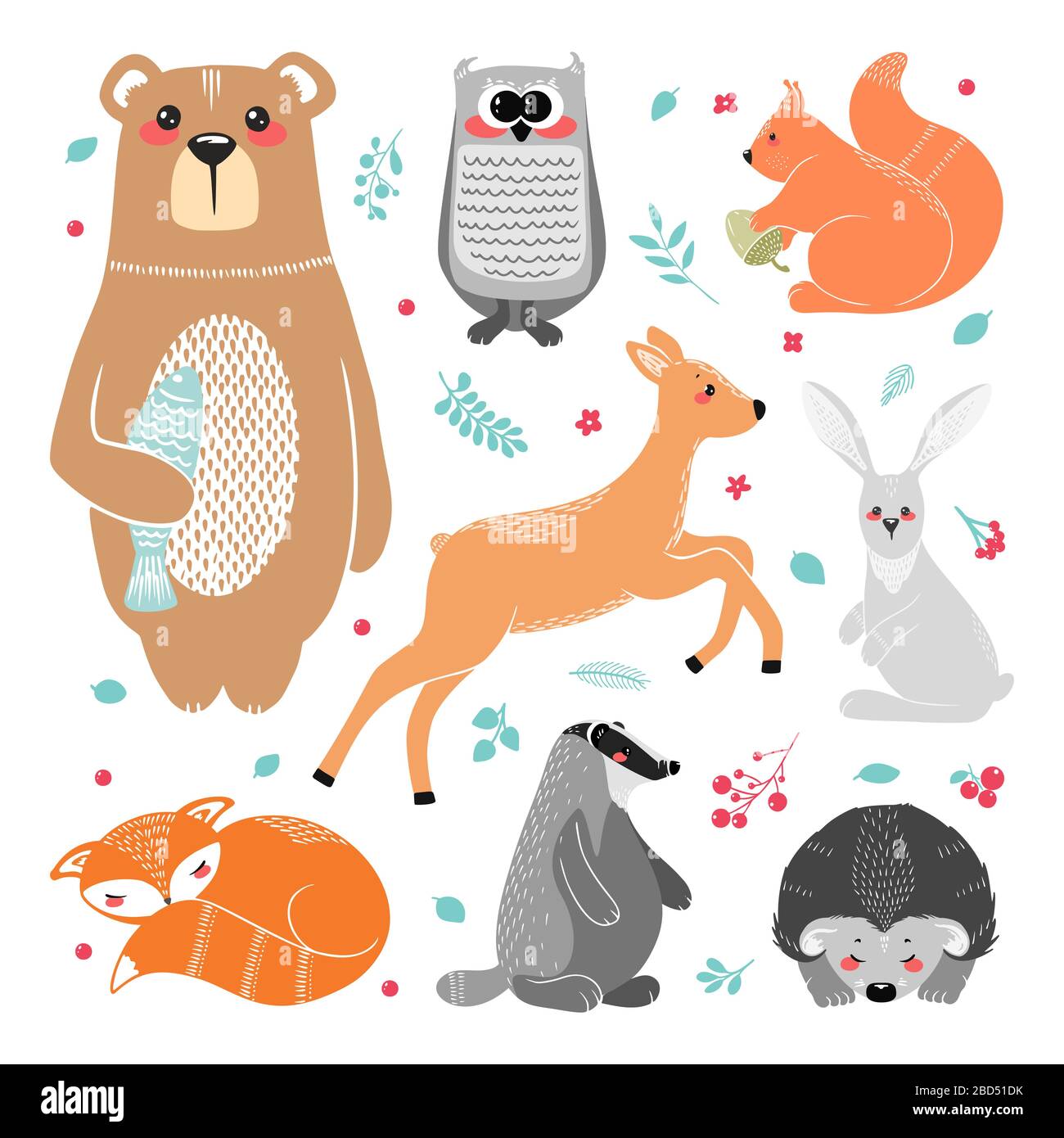 Niedliche Tiere: Fuchs, Dachs, Eichhörnchen, Eule, Hirsch, Reh, Rehe ...