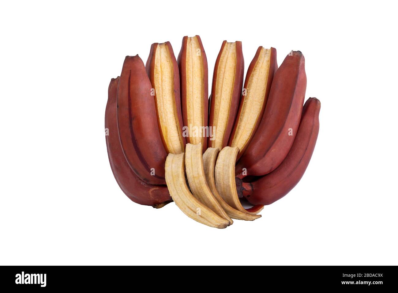 Frische rote Banane isoliert auf weißem Hintergrund. Gruppe von ...