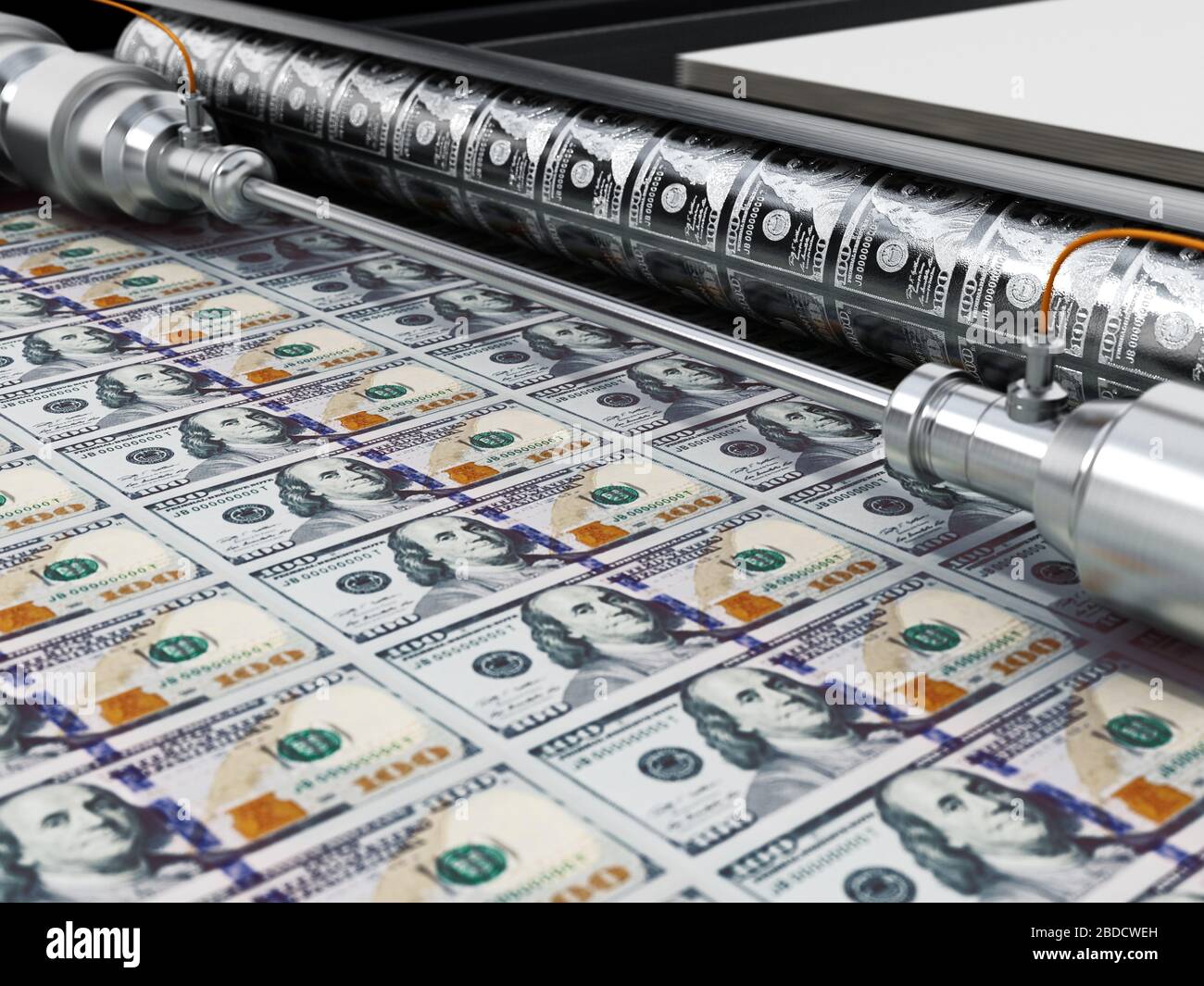 Gelddruckmaschine, die 100-Dollar-Banknoten druckt. 3D-Abbildung ...