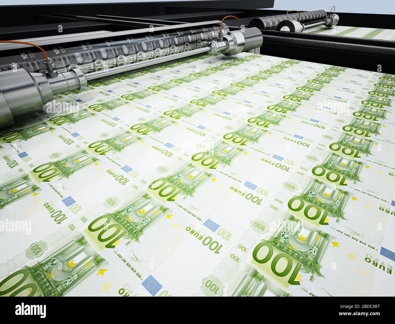 Gelddruckmaschine, die 100 Euro-Banknoten druckt. 3D-Abbildung ...