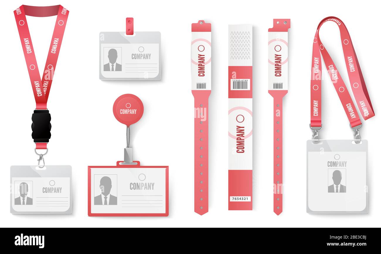 Ausweise für Ausweise. Rote Identifikationsschilder auf Trageband ...