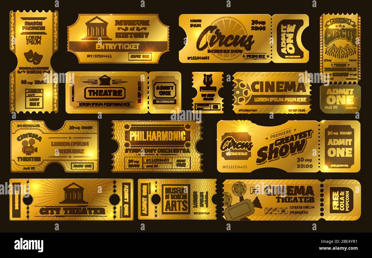 Goldene Tickets. Gold Circus Show Ticket, Premium Kino Film Nacht ...