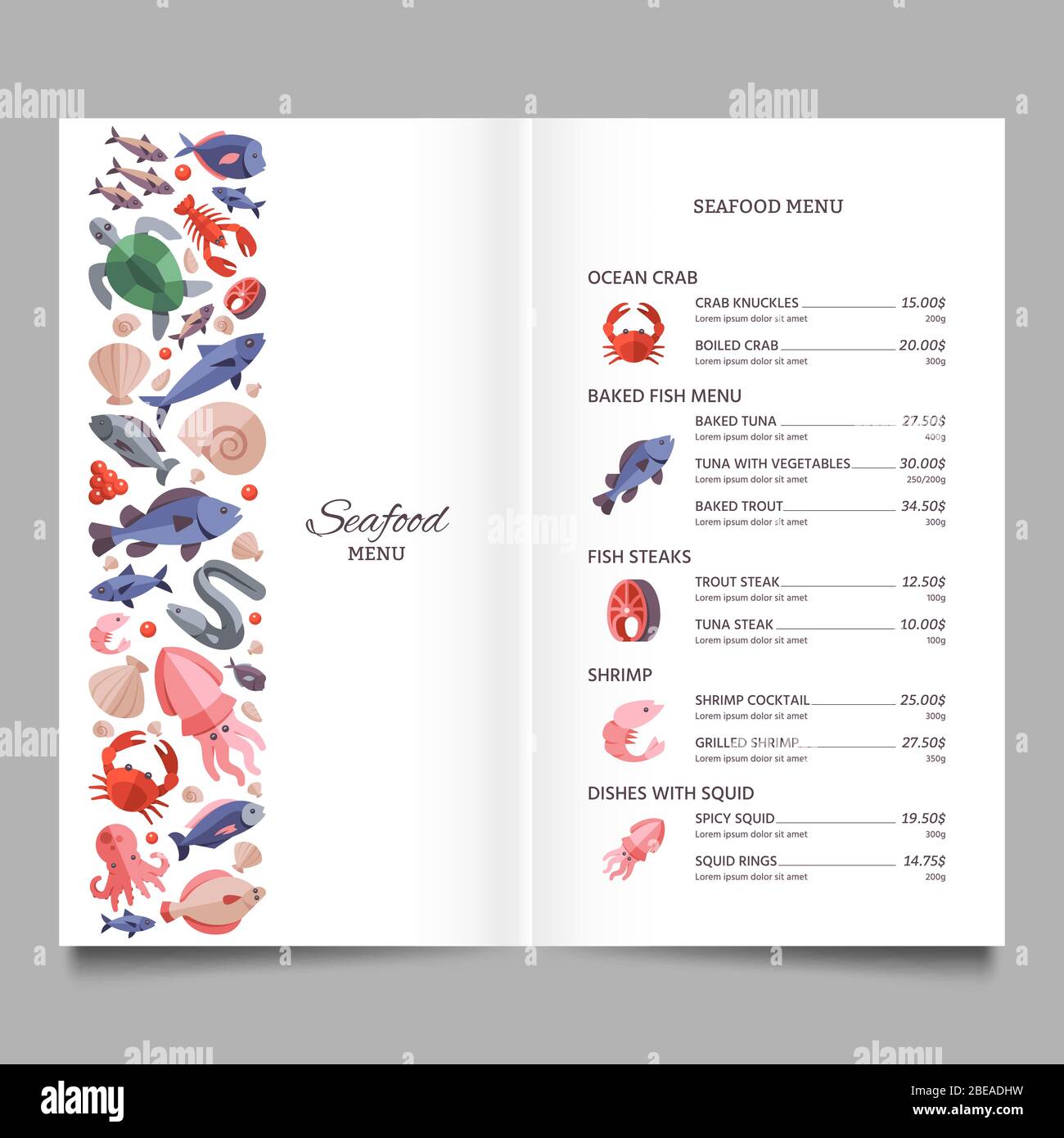 Fisch-Restaurant Vektor-Menü Vorlage mit Fisch Lachs und Krake ...