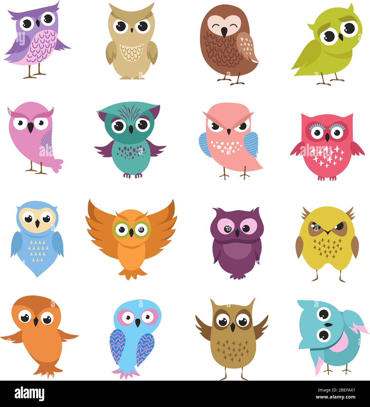 Niedliche Cartoon Eulen. Lustige Wald Vögel Vektor-Sammlung. Eule ...