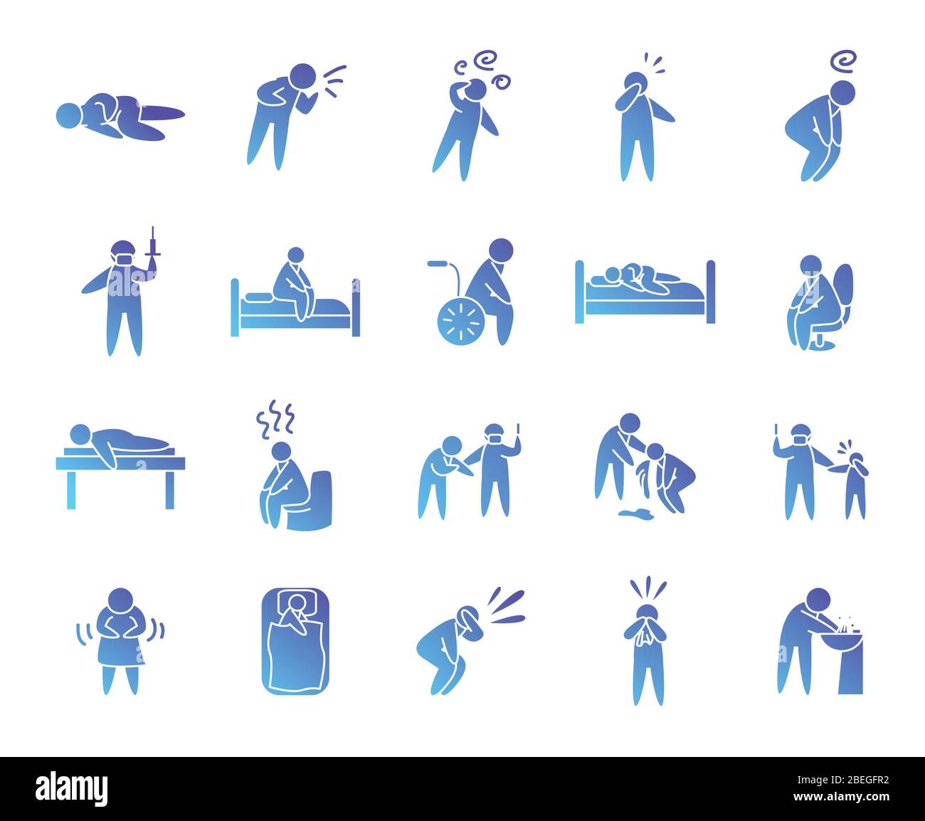 Symptome der Krankheit und Piktogramm Personen Symbol über weißem ...