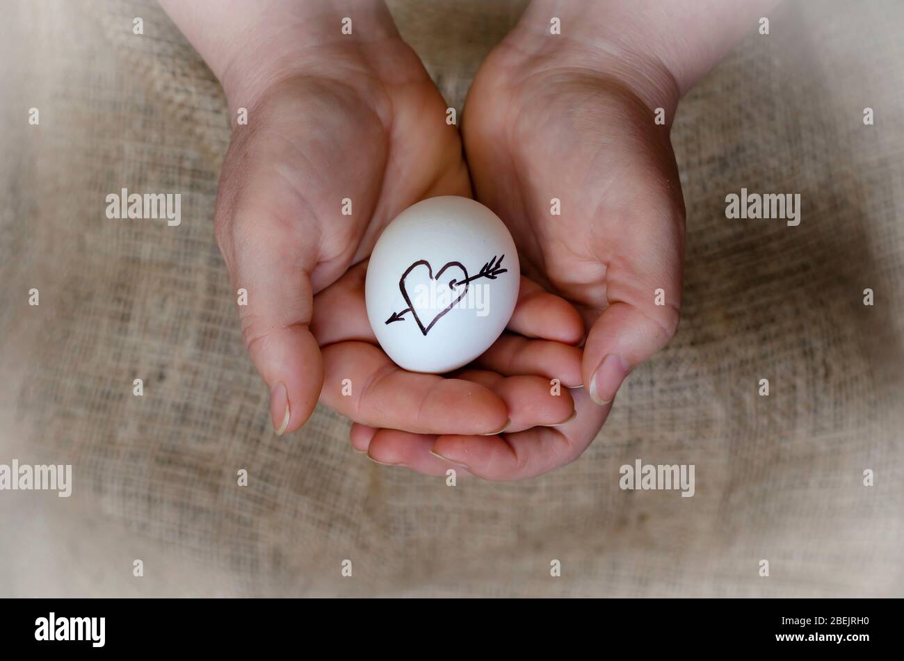 Das Symbol der Liebe ist auf ein Hühnerei gemalt. Hände, die ein rohes ...
