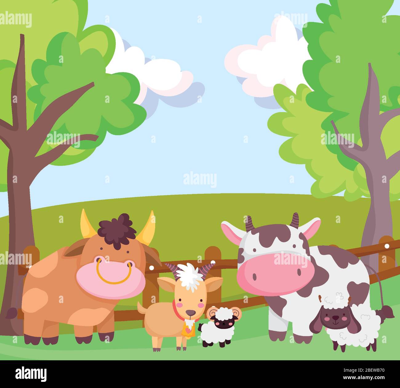 Bauernhof Tiere Stier Kuh RAM Ziege Schaf Zaun Bäume Cartoon Vektor ...