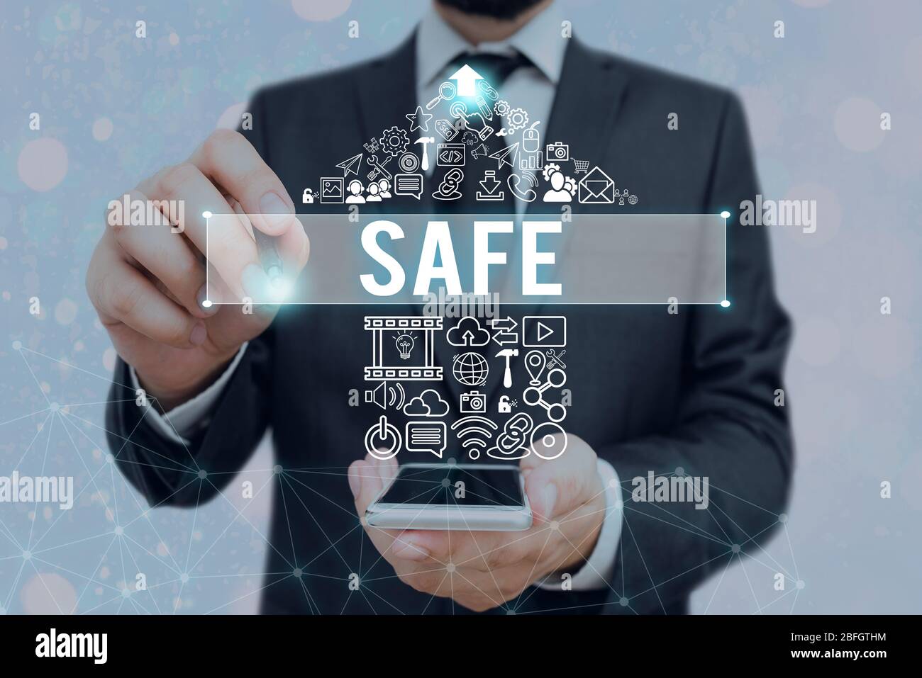 Ein Textsild zeigt Safe an. Geschäftsfoto, das vor Gefahren oder ...