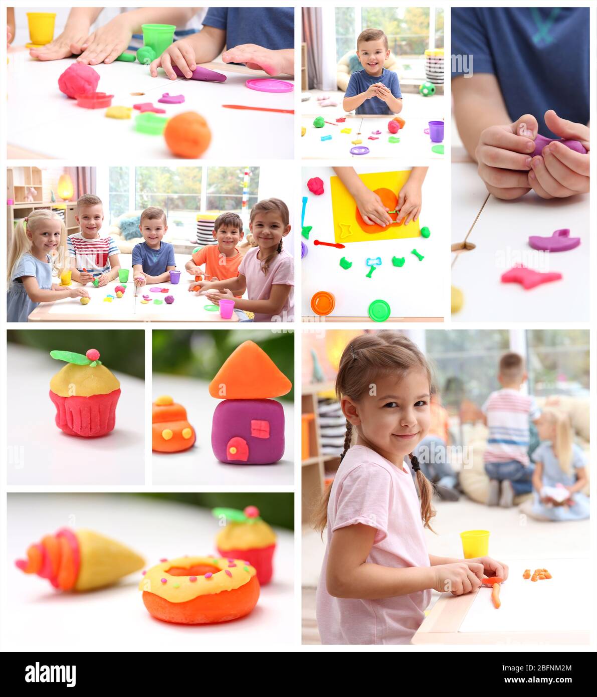 Collage mit kleinen Kindern, die verschiedene Figuren von Spielteig im ...