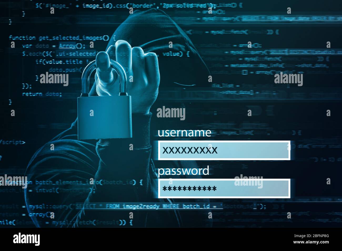 Login Form und Hacker mit Schloss auf dunklem Hintergrund. Konzept der Cyber Attack und ...
