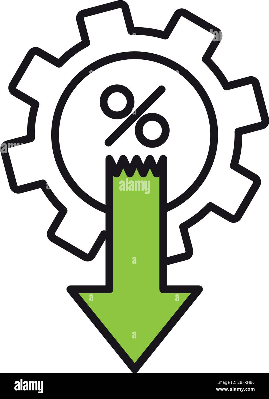 Zahnrad mit Prozentzeichen und Pfeil nach unten Symbol über weißem ...